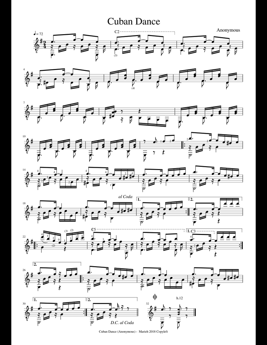 Cuban Dance - Anonymous sheet music for Guitar download free in PDF or MIDI