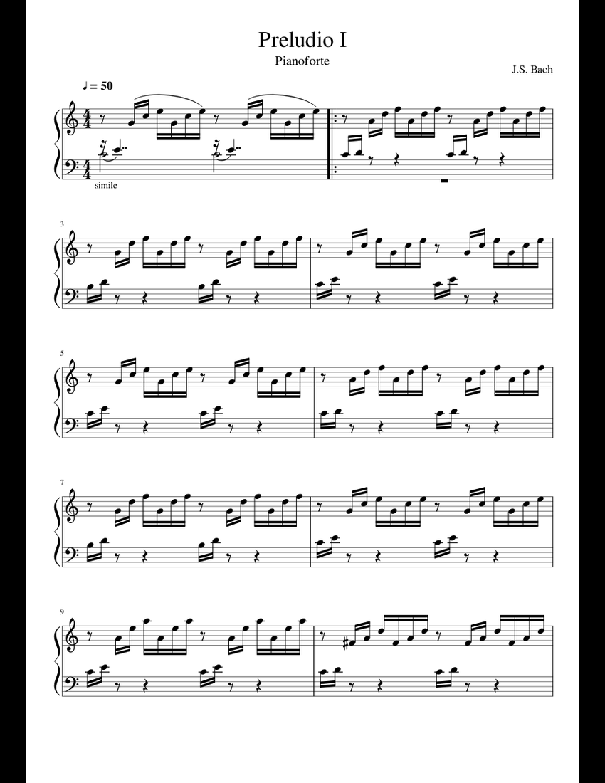 Preludio I - Bach sheet music for Piano download free in PDF or MIDI
