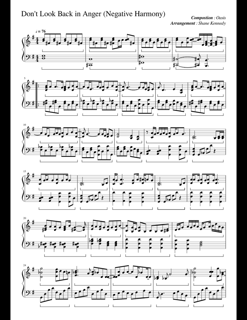 Dont Look Back in Anger (Negative Harmony) sheet music for Piano ...
