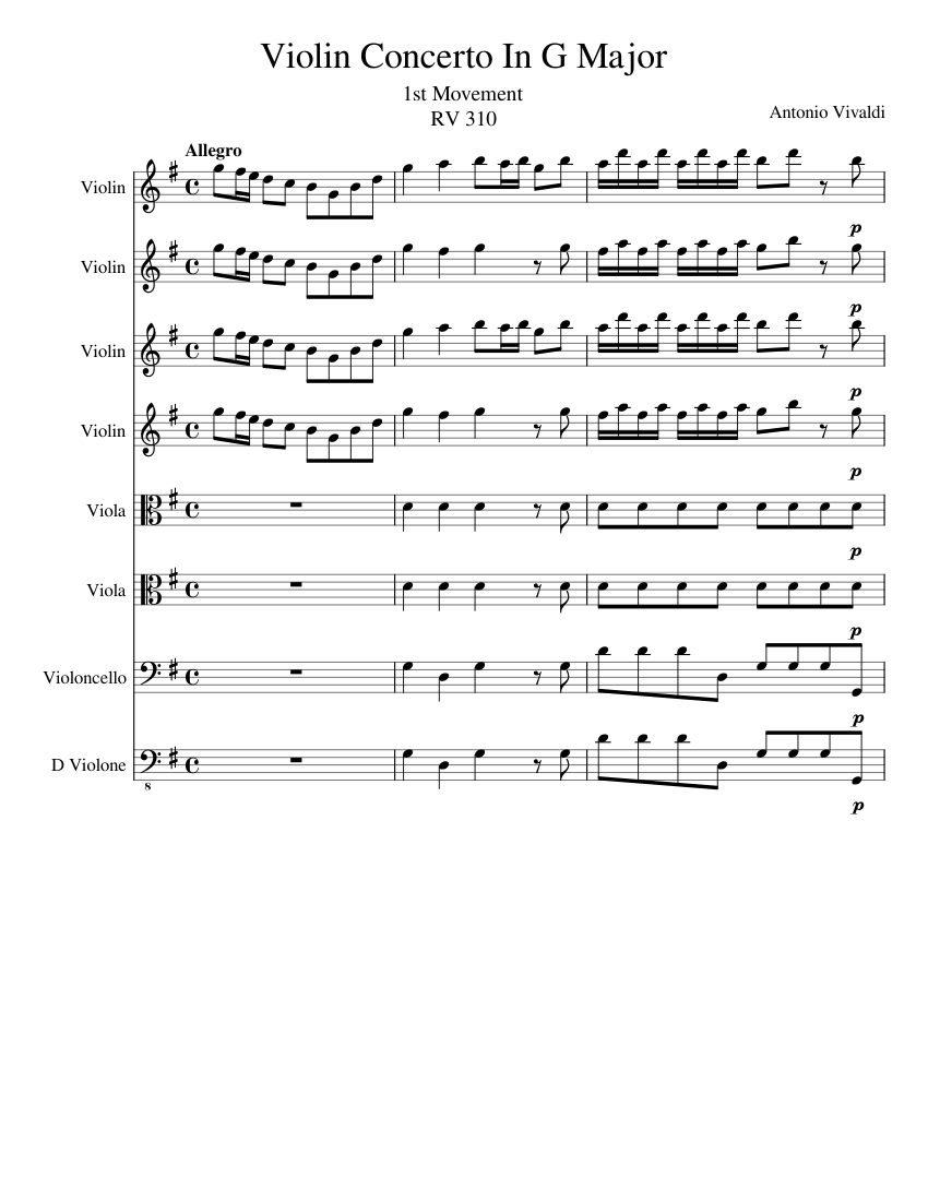 Violin Concerto In G Major Sheet music for Violin, Cello, Viola, Viol ...