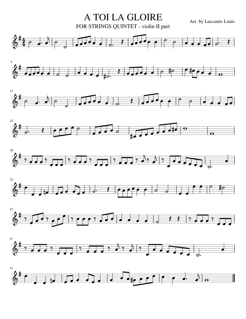 A TOI LA GLOIRE violin II part sheet music for Violin download free in PDF or MIDI