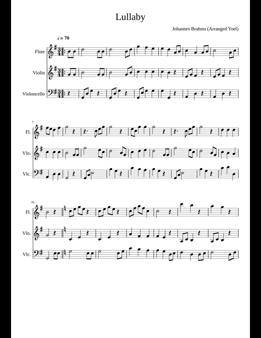Brahms Lullaby for flute violin and cello sheet music for Flute, Violin ...