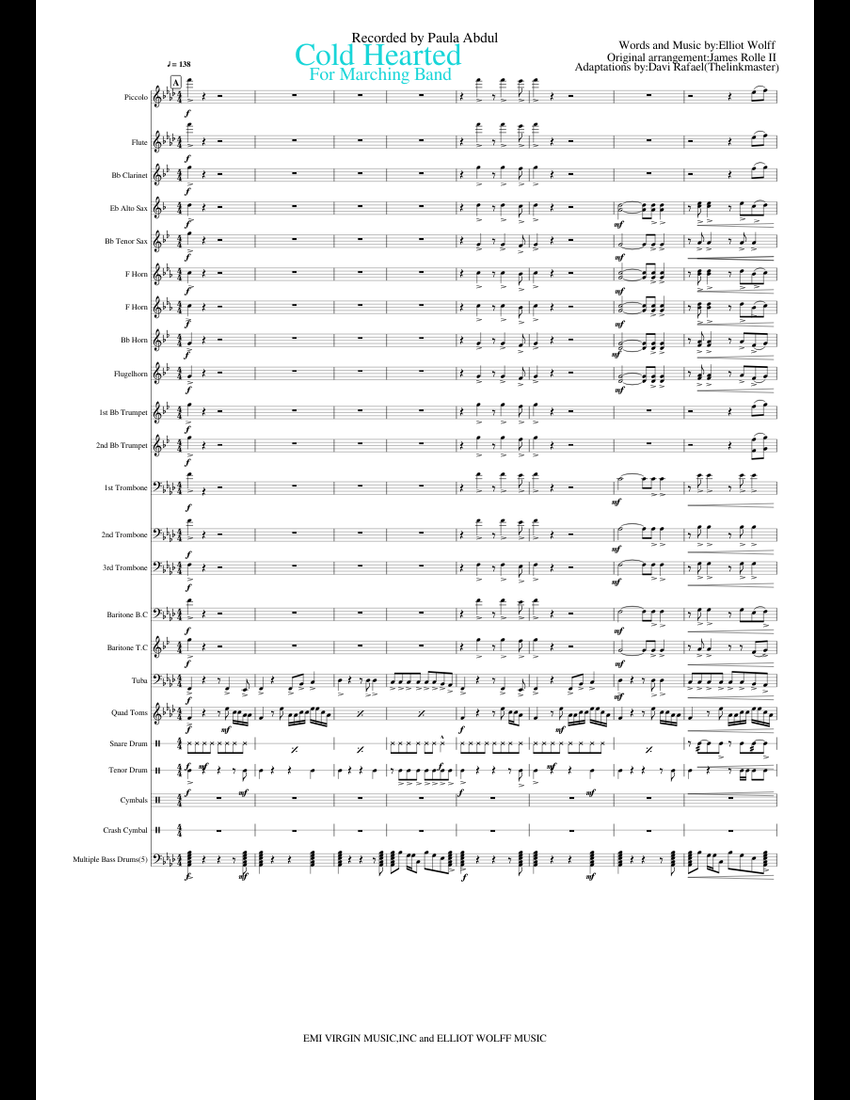 Cold Hearted for Marching Band sheet music for Flute, Clarinet, Piccolo ...