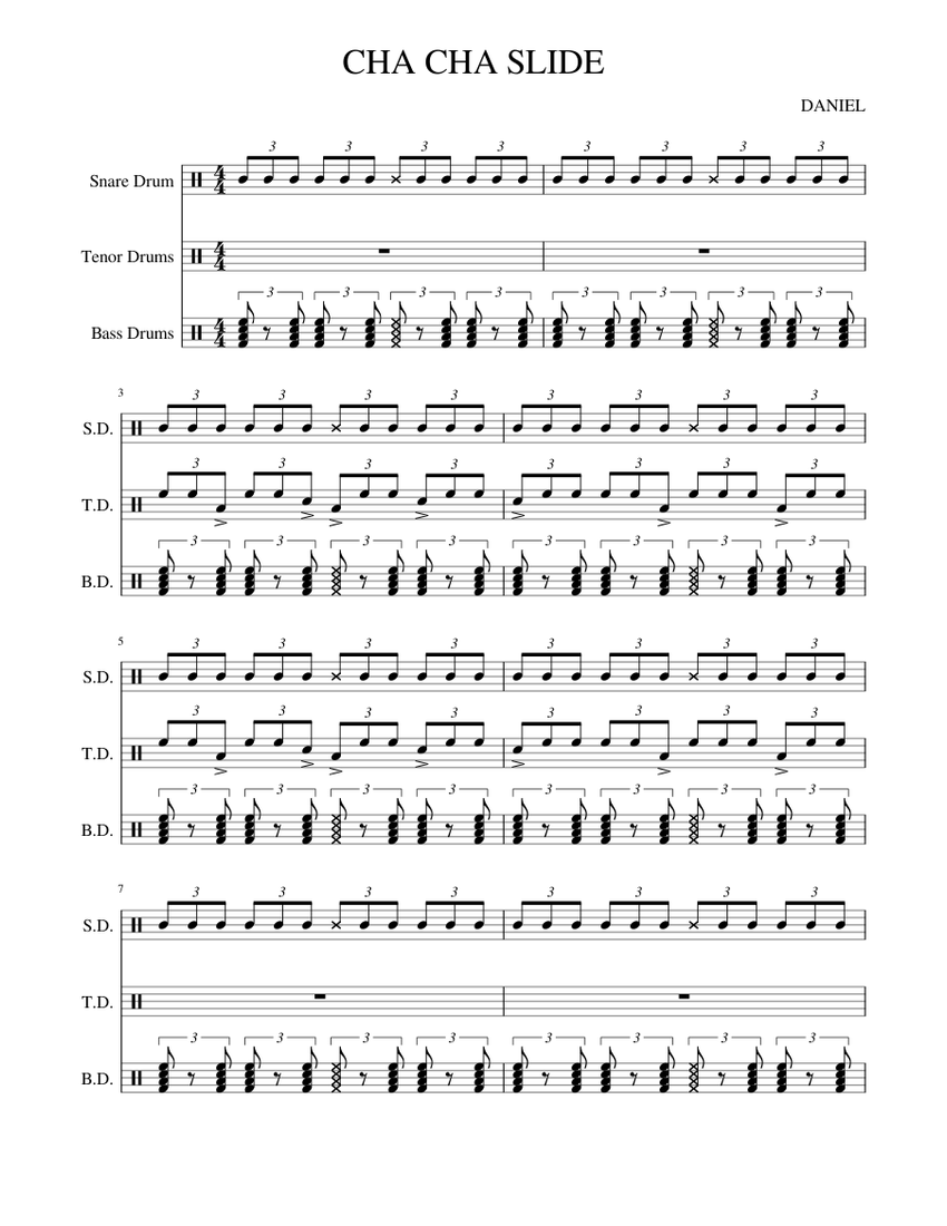 CHA CHA SLIDE FLAM JAM Sheet music for Snare Drum, Bass Drum, Tenor ...