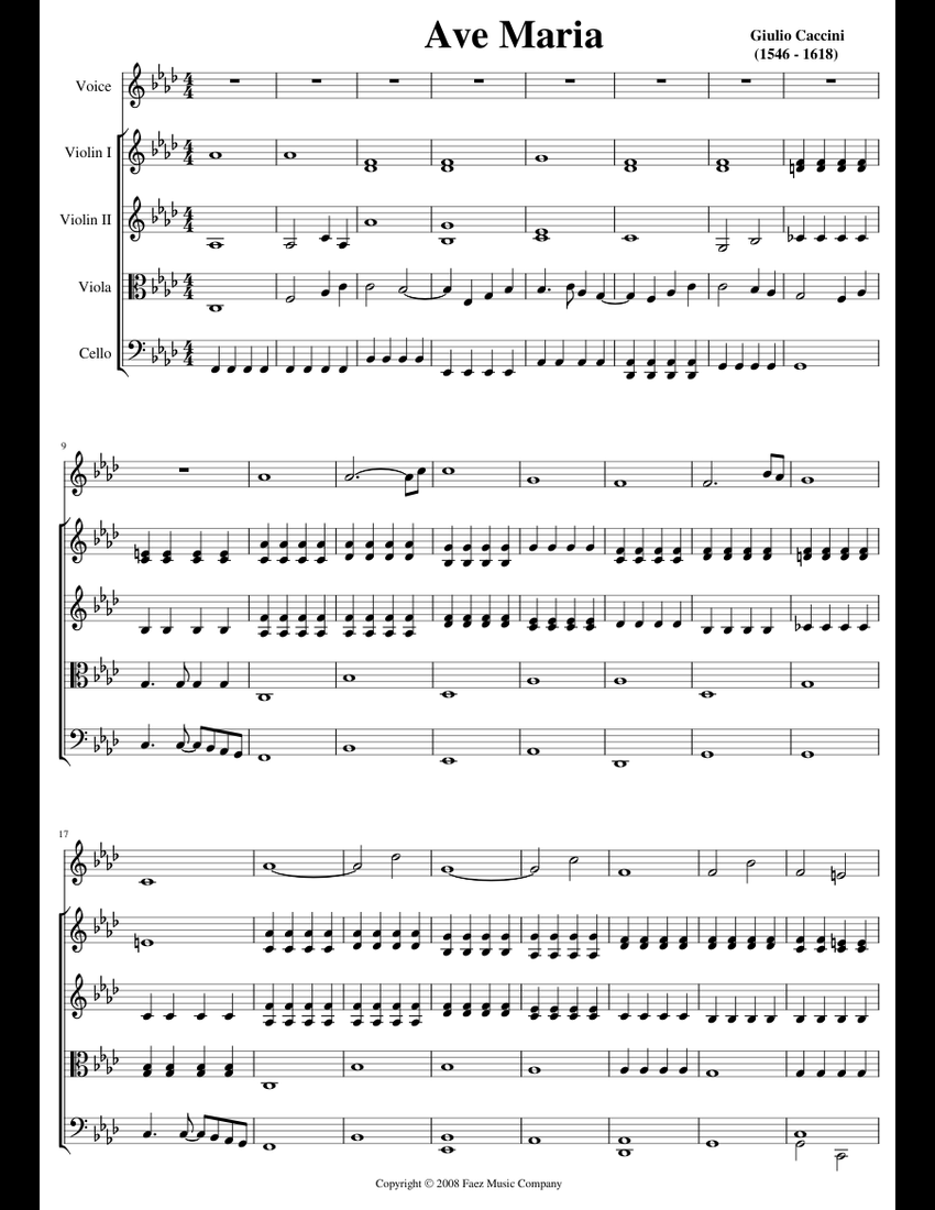 Ave Maria Caccini for string quartet and Soprano in f sheet music for Violin, Oboe, Viola, Cello ...