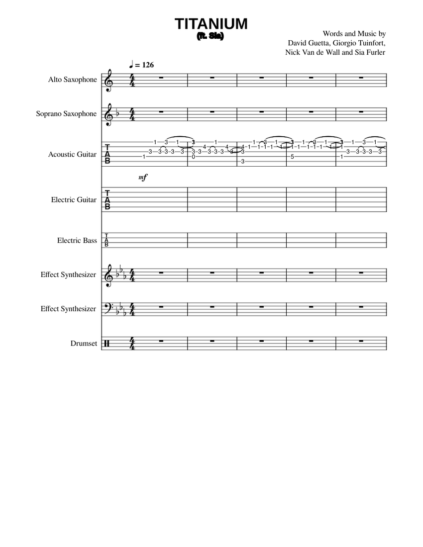 Titanium (ft. Sia) - David Guetta Sheet music for Alto Saxophone, Voice, Guitar, Bass | Download ...