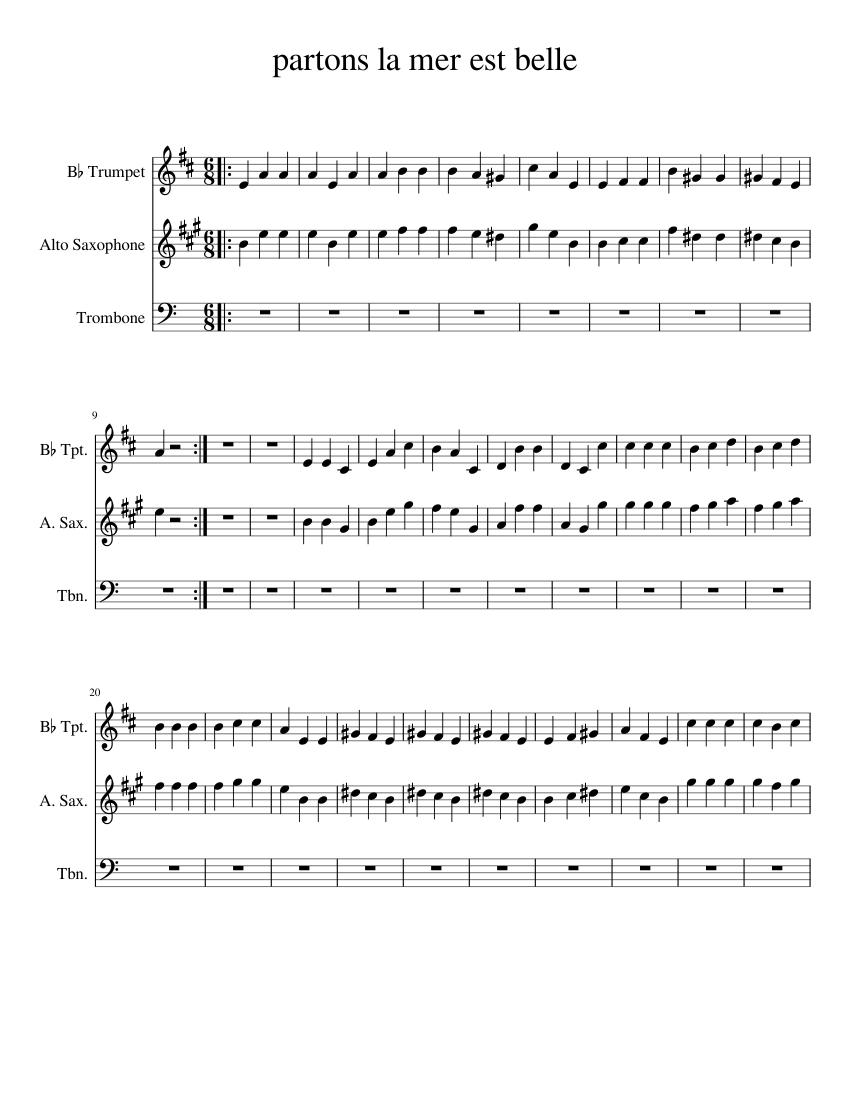 Partons la mer est belle sheet music for Trumpet, Alto Saxophone, Trombone download free in PDF ...
