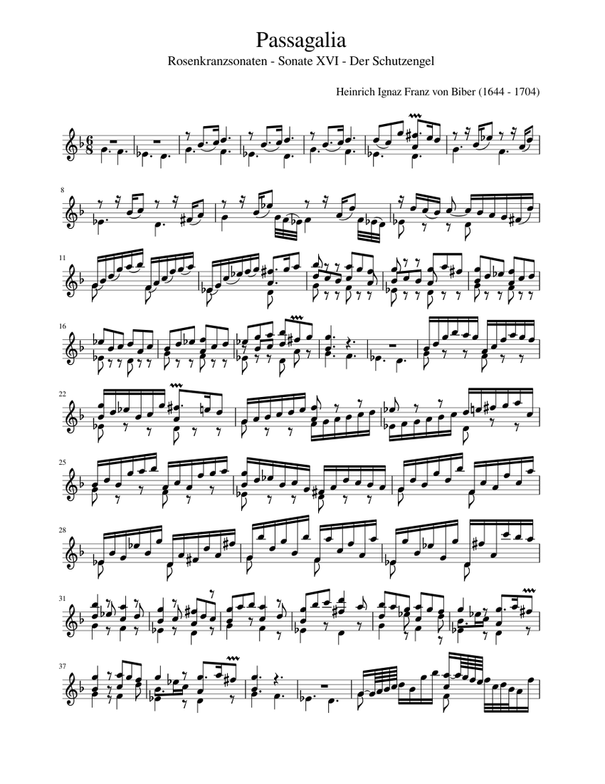 Heinrich Ignaz Franz von Biber- Passagalia Sheet music for Violin (Solo ...