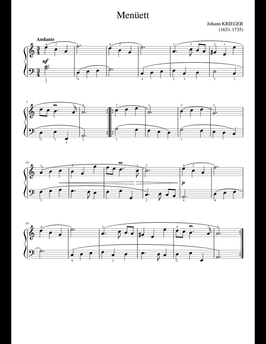 Johann Krieger - Menuett sheet music for Piano download free in PDF or MIDI