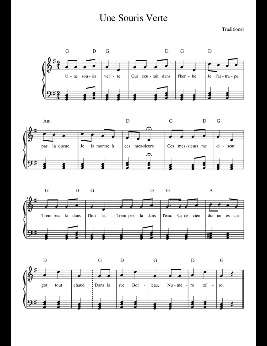 Une Souris Verte sheet music download free in PDF or MIDI