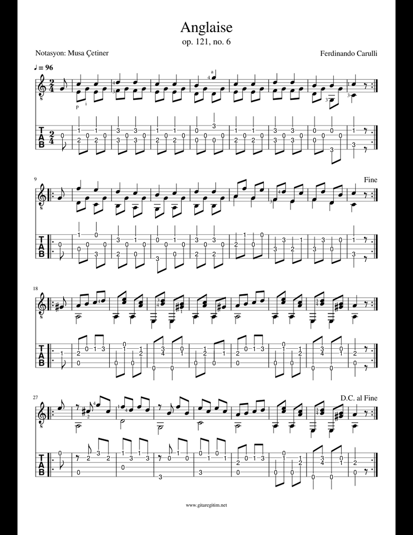 Carulli - Anglaise sheet music for Guitar download free in PDF or MIDI