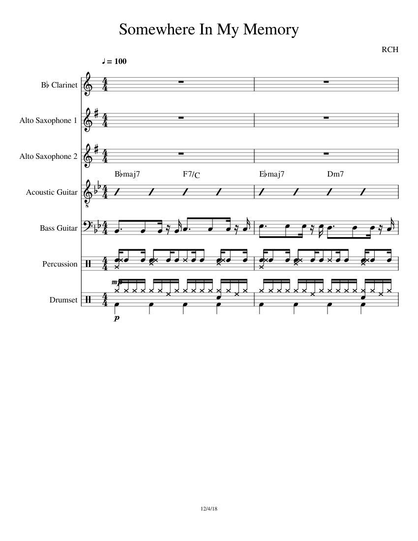Somewhere In My Memory Sheet music for Piano, Trumpet (In B Flat), Drum ...