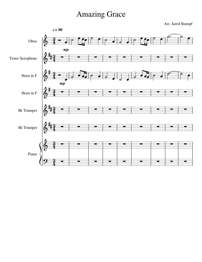 Amazing Grace Sheet music for Piano, Oboe, Tenor Saxophone, French Horn ...