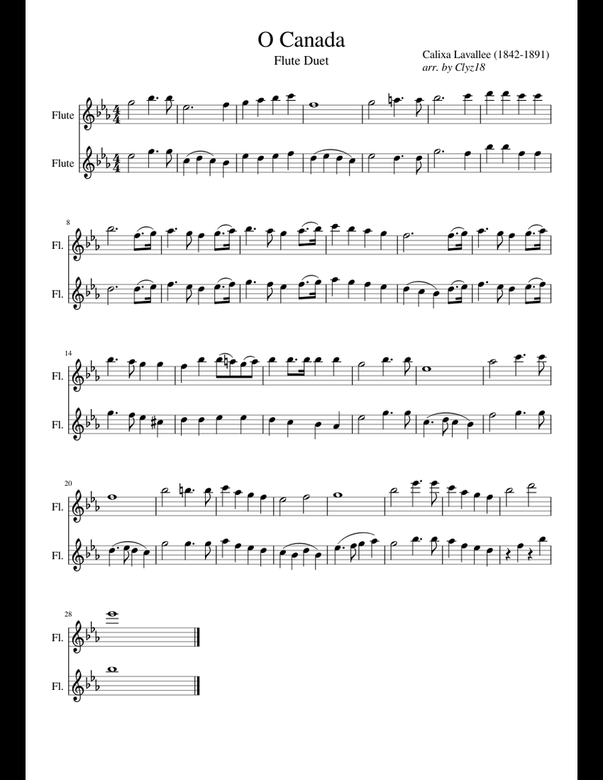 O Canada - Duet for Flute sheet music for Flute download free in PDF or ...