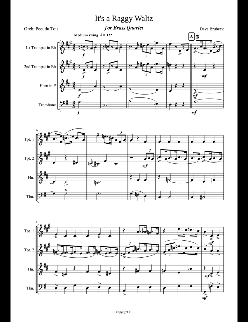 It's a Raggy Waltz - Dave Brubeck (Brass Quartet) sheet music for Trumpet, French Horn, Trombone ...