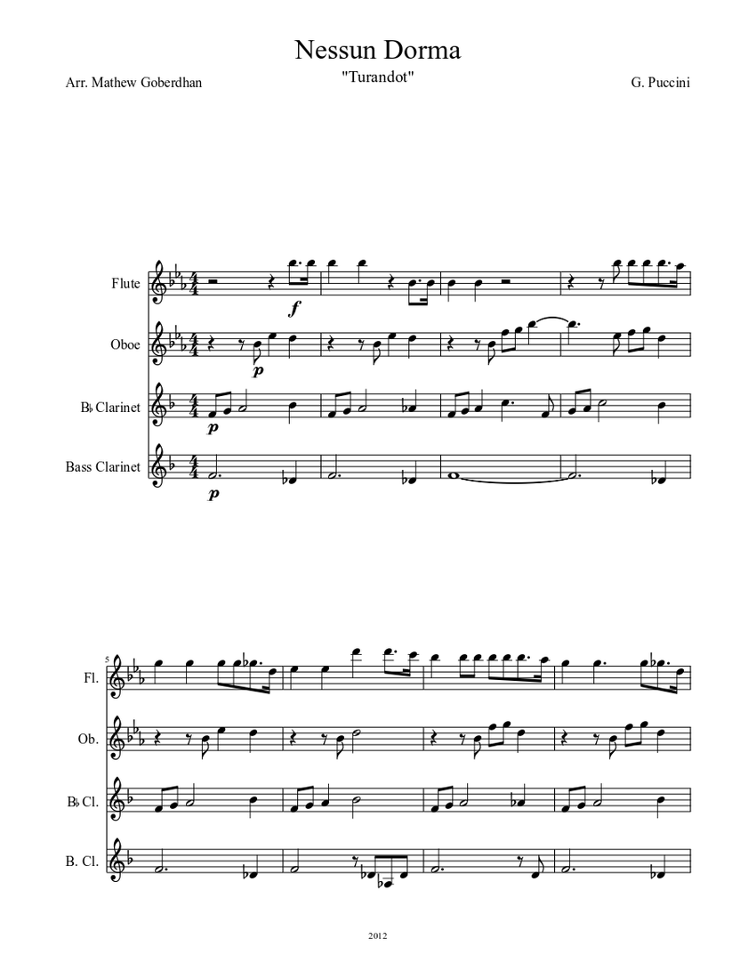 Nessun Dorma Sheet music for Flute, Oboe, Clarinet (Mixed Trio) | Musescore.com