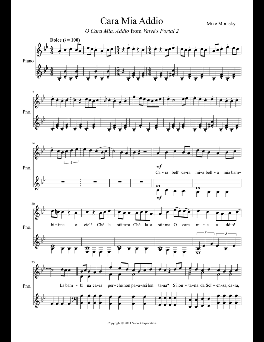 Cara Mia Addio - FULL Piano Cover sheet music for Piano download free in PDF or MIDI