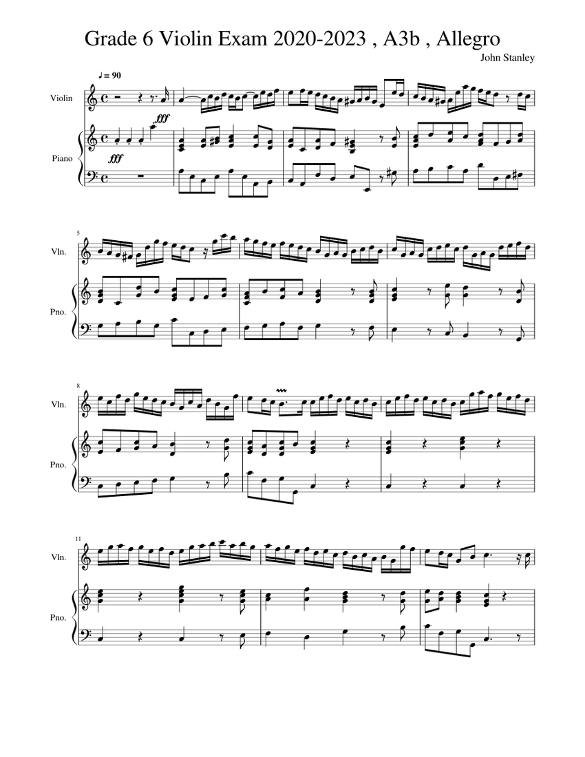 Grade 6 Violin Exam 2020-2023 , A3b , Allegro Sheet music for Piano ...