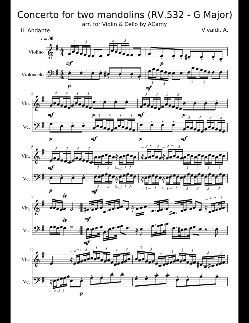 Concerto for two mandolins RV 532 G Major sheet music for Violin, Cello ...