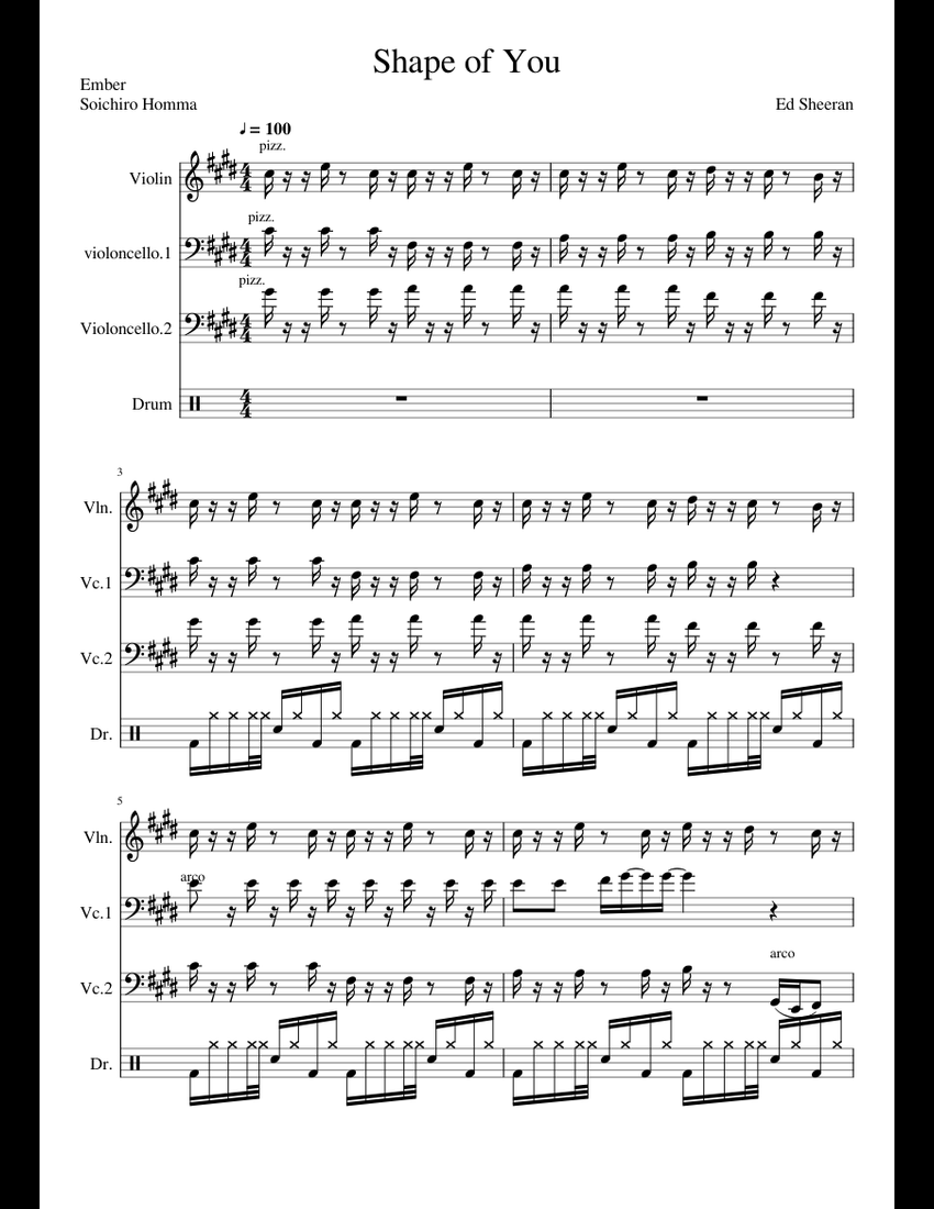 Shape of You sheet music for Violin, Cello, Percussion download free in ...