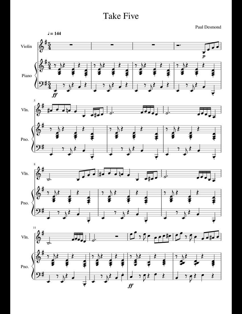 Take Five (Grade 4 Violin Exam 2016-19,C1) sheet music for Violin ...