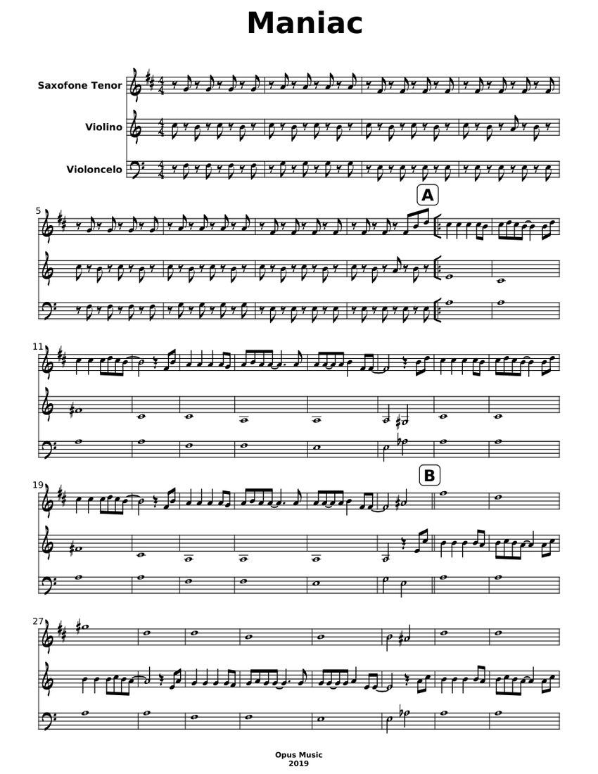 Maniac Sheet music for Violin, Cello, Saxophone (Tenor) (Mixed Trio) | Musescore.com