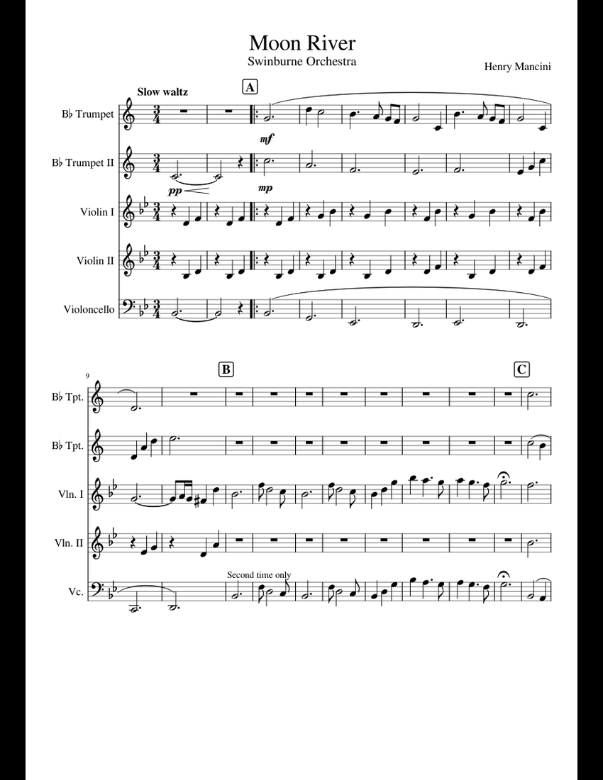 Moon River sheet music for Violin, Trumpet, Cello download free in PDF ...