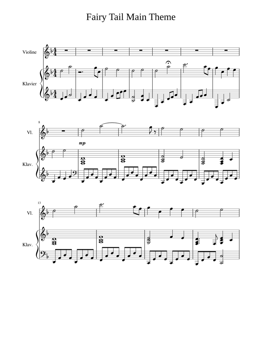Fairy Tail Main Theme Sheet music for Violin, Piano | Download free in ...