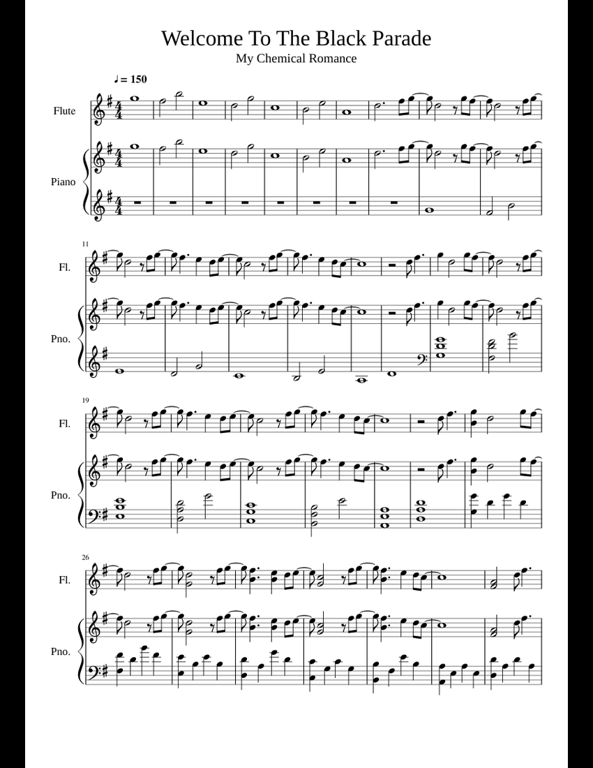 Welcome To The Black Parade sheet music for Flute, Piano download free ...