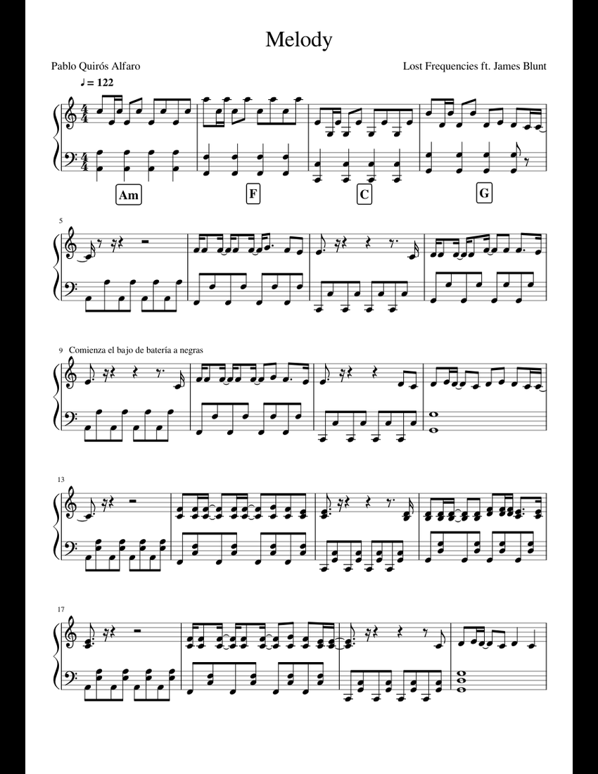 Melody - Lost Frequencies ft. James Blunt sheet music for Piano ...