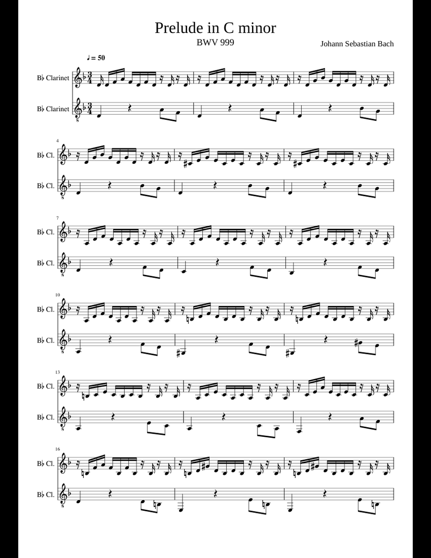 Eb Bb Prelude in Cmin turned into D min BWV 999 Bach sheet music for ...