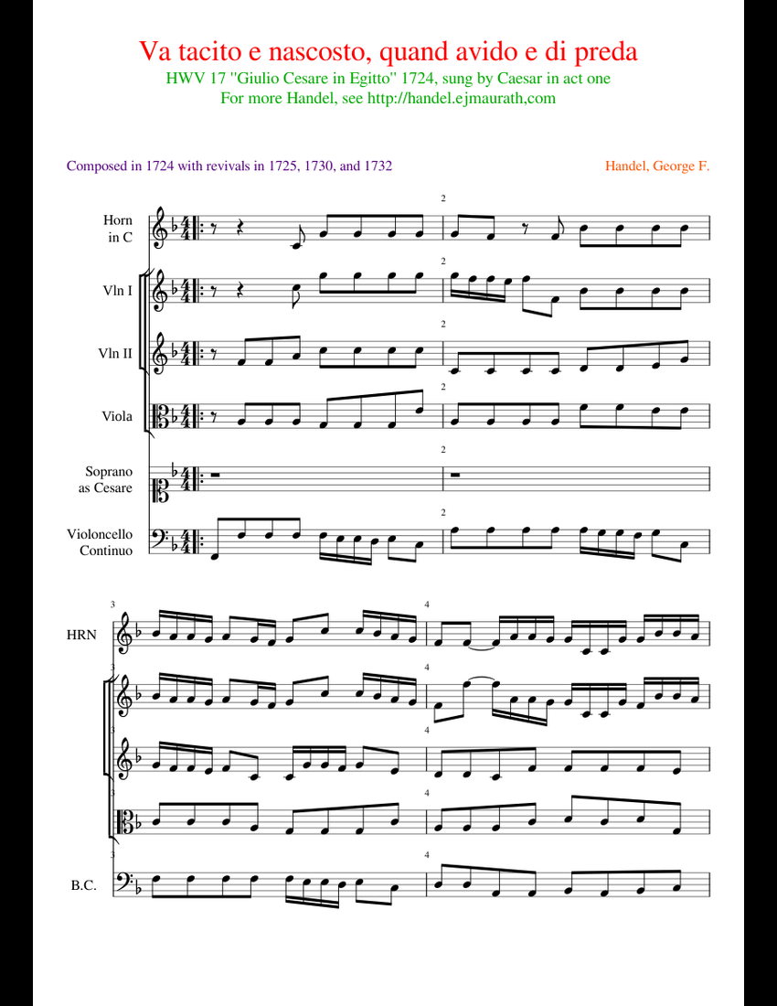 Va tacito e nascosto, quand avido e di preda from HWV 17 sheet music ...