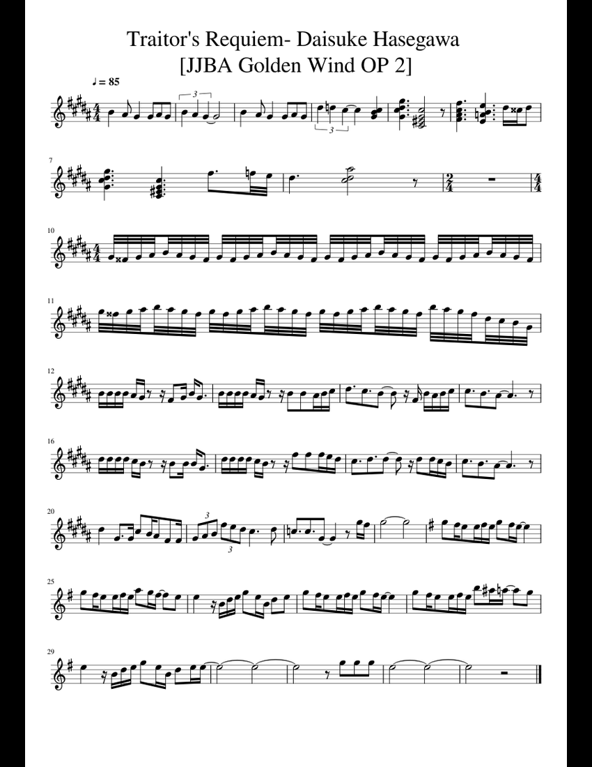 Traitor s Requiem Daisuke Hasegawa JJBA Golden Wind OP 2 sheet music ...