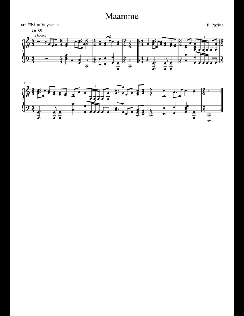 Maamme (Finnish national anthem) sheet music for Piano download free in ...
