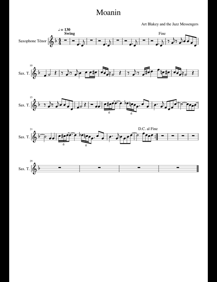 Moanin sheet music for Piano, Trumpet, Tenor Saxophone download free in PDF or MIDI