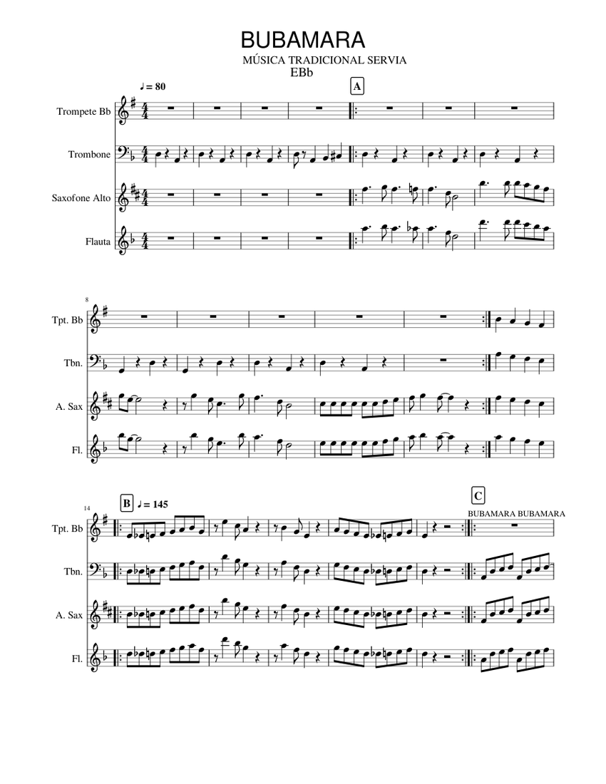 BUBAMARA Sheet music for Trumpet (In B Flat), Trombone, Flute, Saxophone (Alto) (Mixed Quartet ...