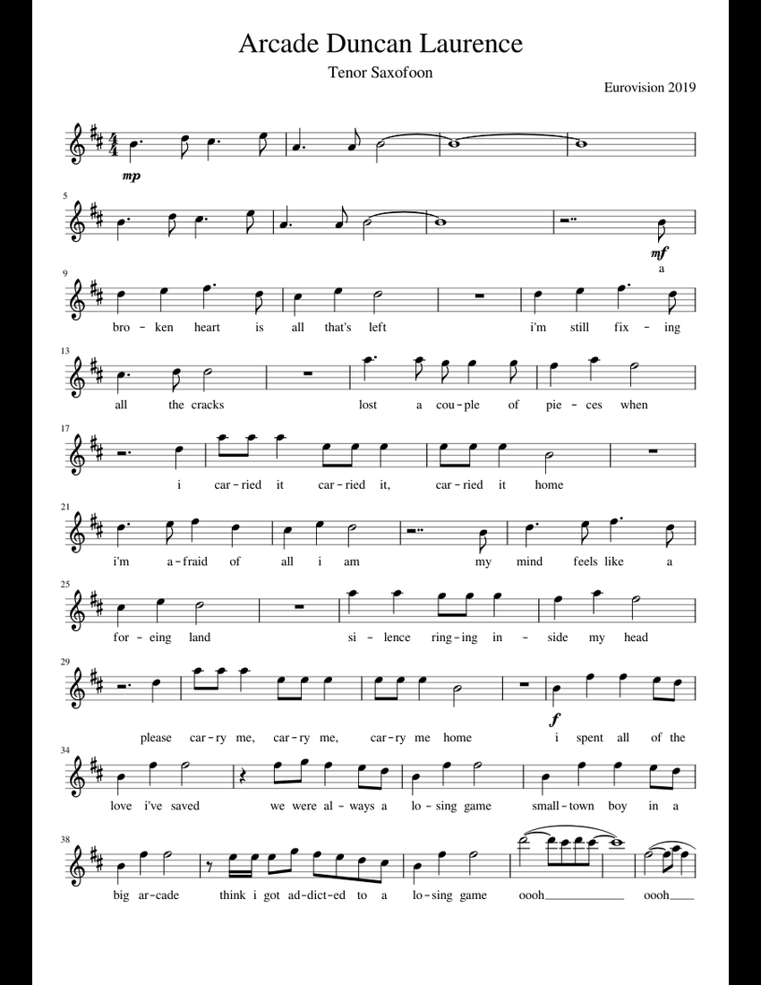Arcade by Duncan Laurence sheet music for Tenor Saxophone download free ...
